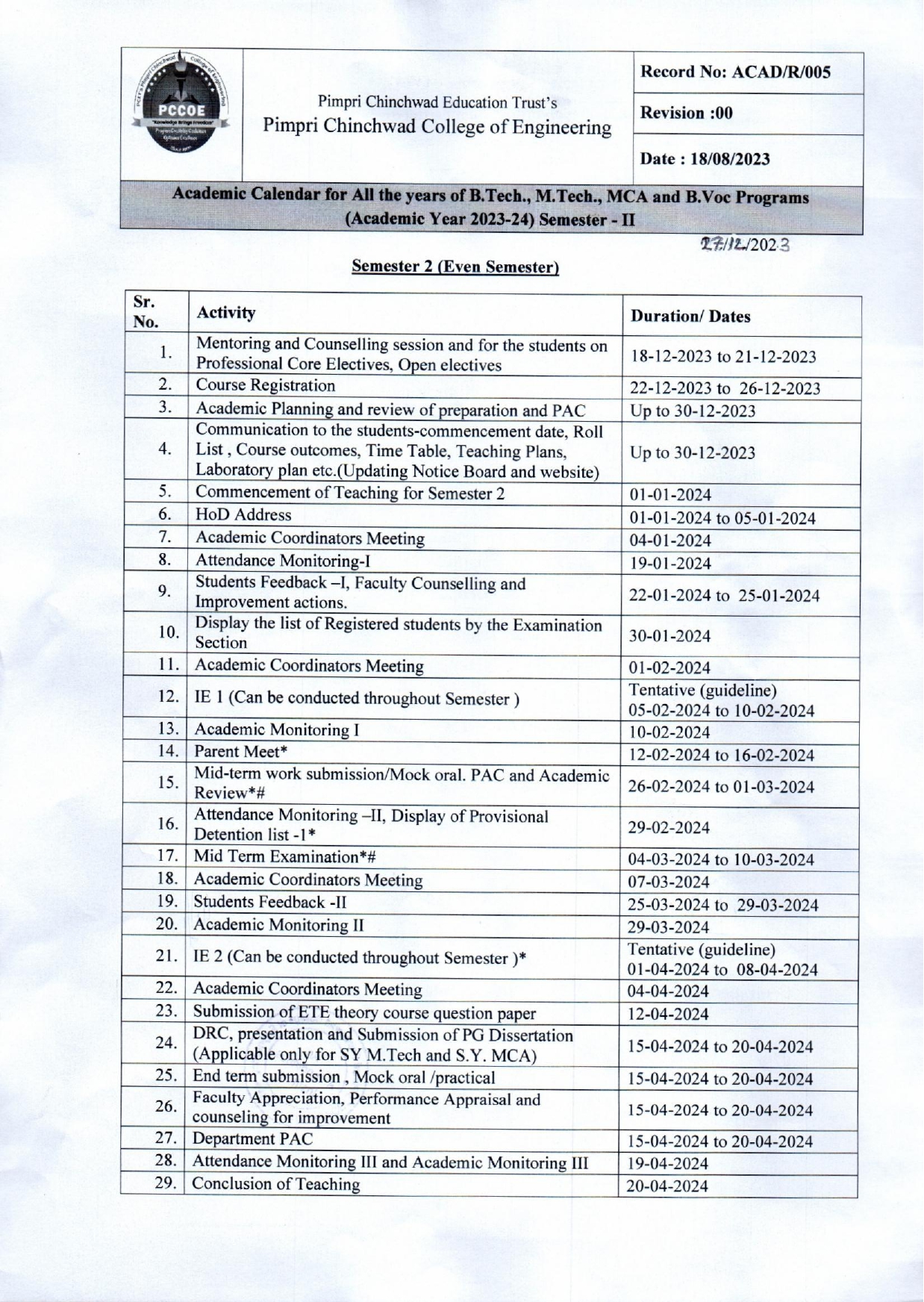 PCCOE-MCA | Calendar